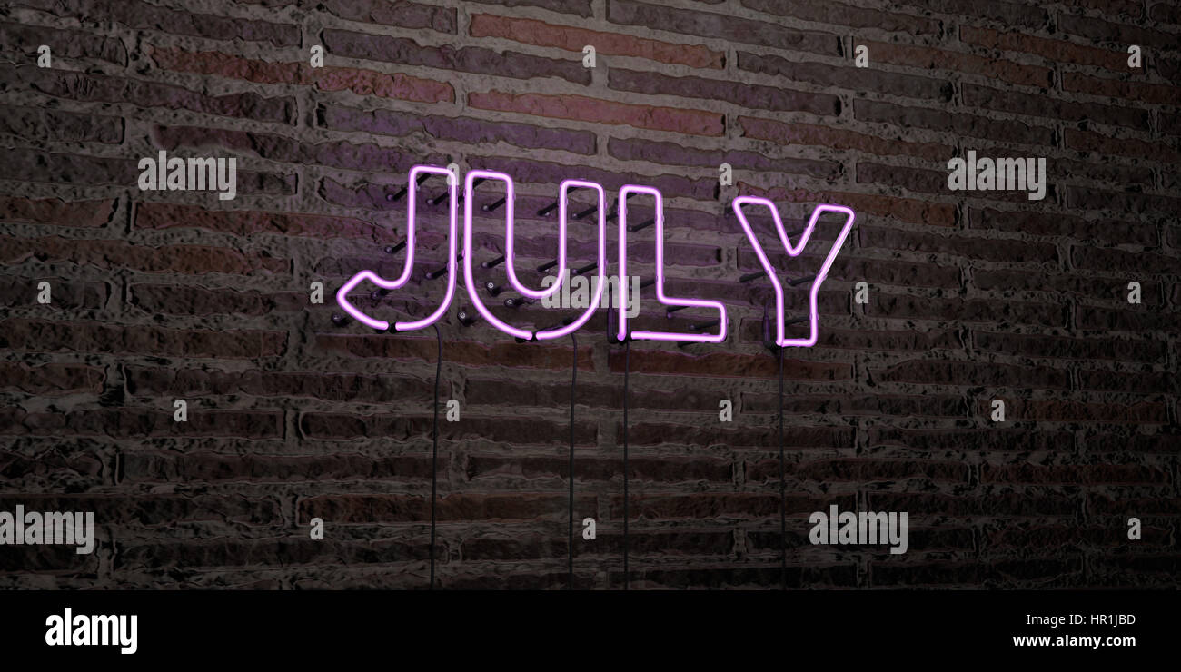 JULY -Realistic Neon Sign on Brick Wall background - 3D rendered ...