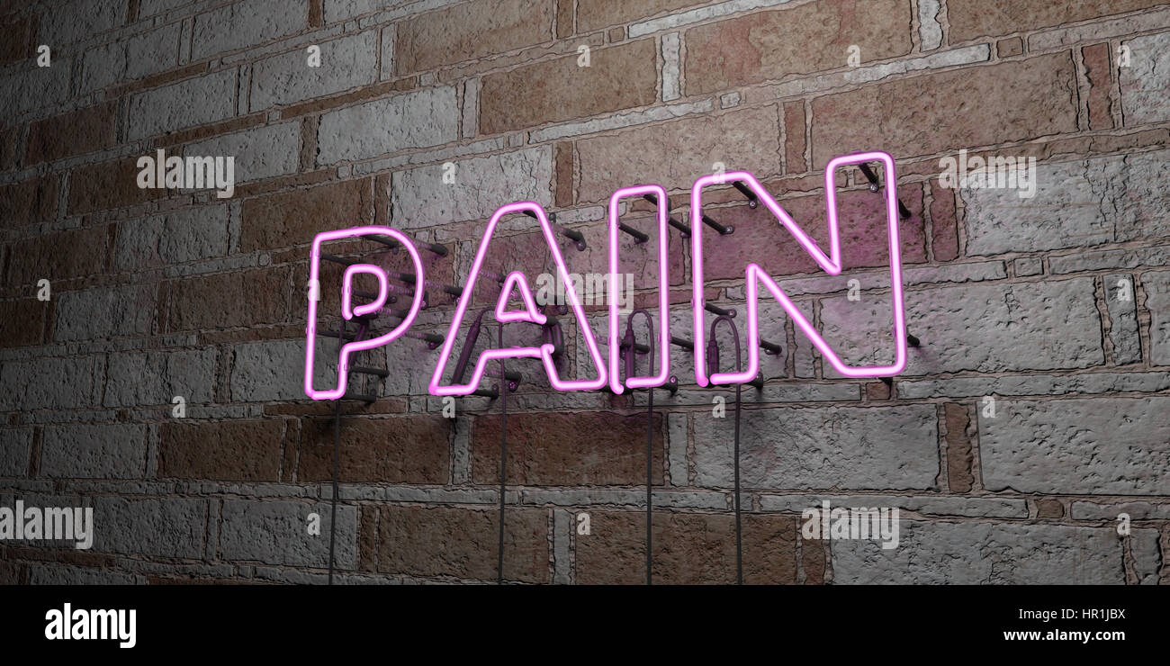 PAIN - Glowing Neon Sign on stonework wall - 3D rendered royalty free ...