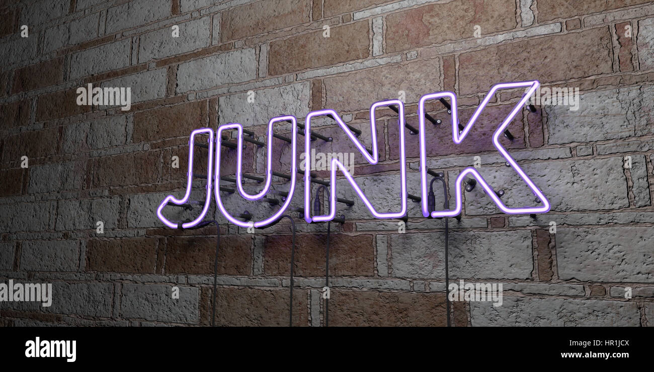 JUNK - Glowing Neon Sign on stonework wall - 3D rendered royalty free ...