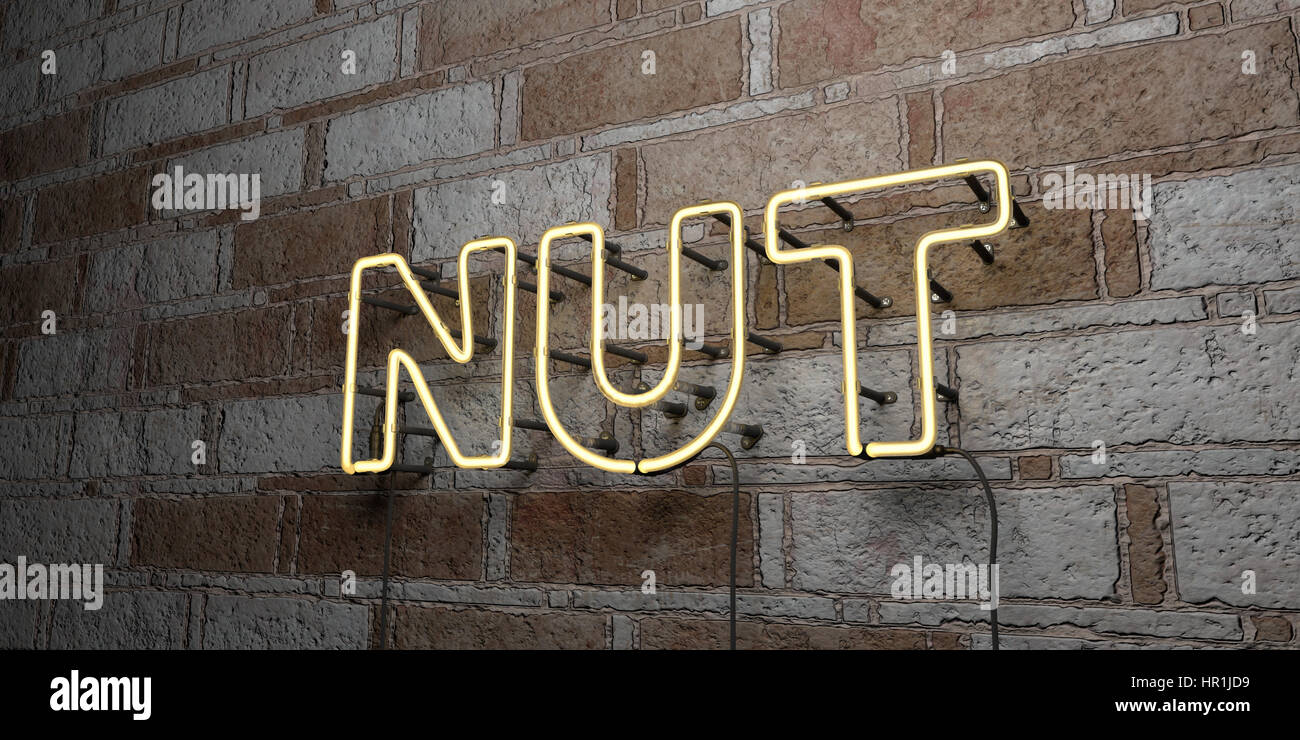 NUT - Glowing Neon Sign on stonework wall - 3D rendered royalty free ...