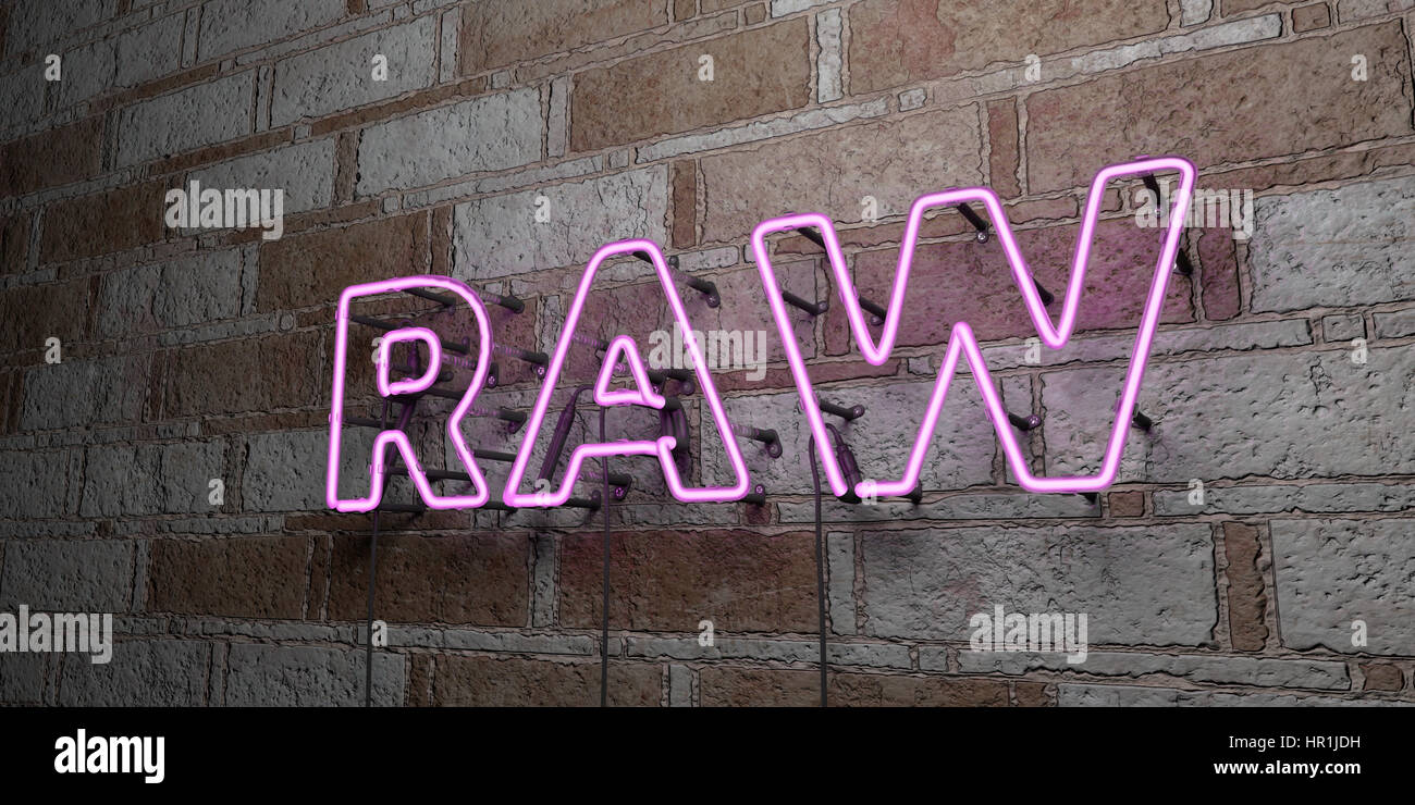 RAW - Glowing Neon Sign on stonework wall - 3D rendered royalty free ...