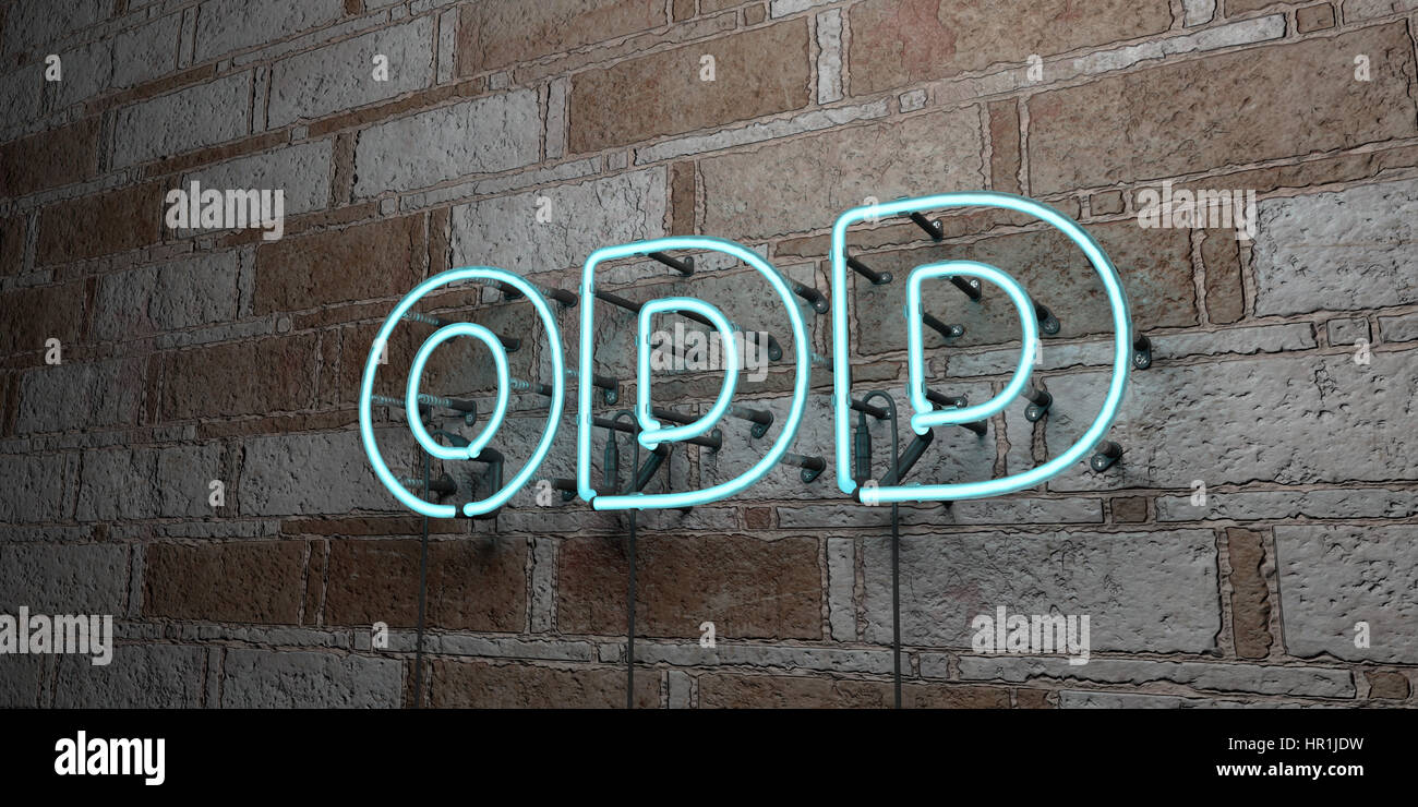 ODD - Glowing Neon Sign on stonework wall - 3D rendered royalty free ...