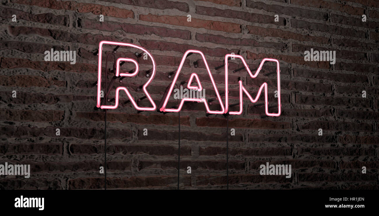 RAM -Realistic Neon Sign on Brick Wall background - 3D rendered royalty ...