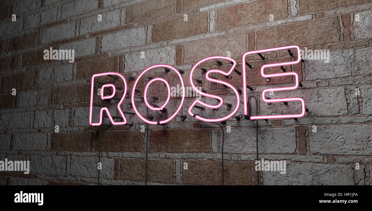 ROSE - Glowing Neon Sign on stonework wall - 3D rendered royalty free ...