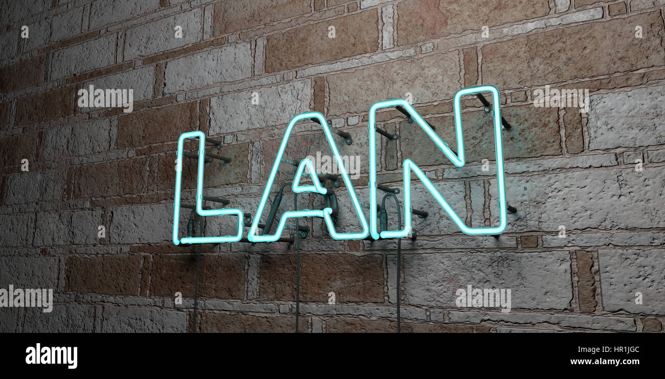 LAN - Glowing Neon Sign on stonework wall - 3D rendered royalty free ...