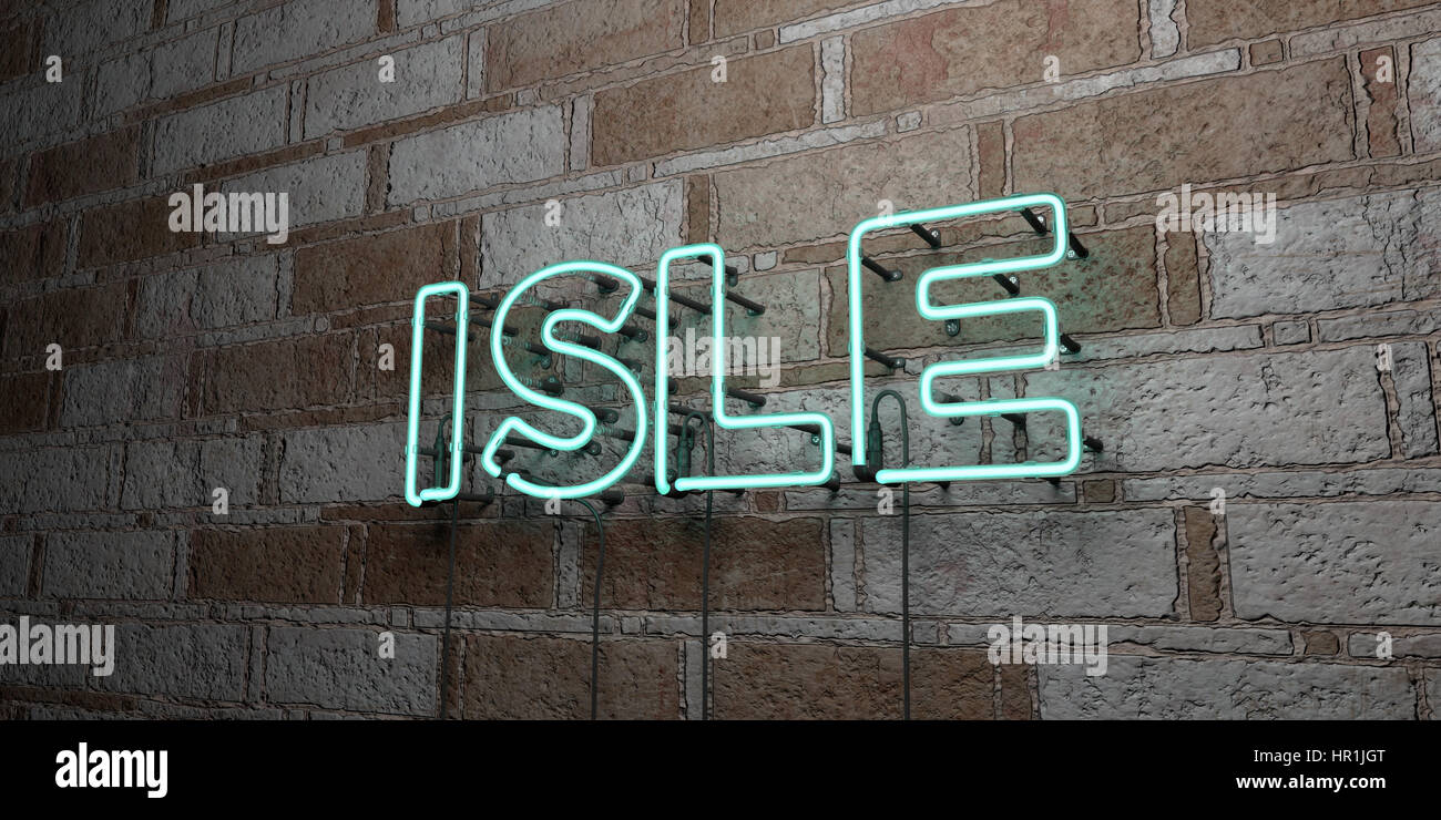 ISLE - Glowing Neon Sign on stonework wall - 3D rendered royalty free ...