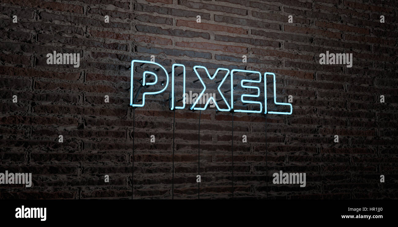 PIXEL -Realistic Neon Sign on Brick Wall background - 3D rendered ...