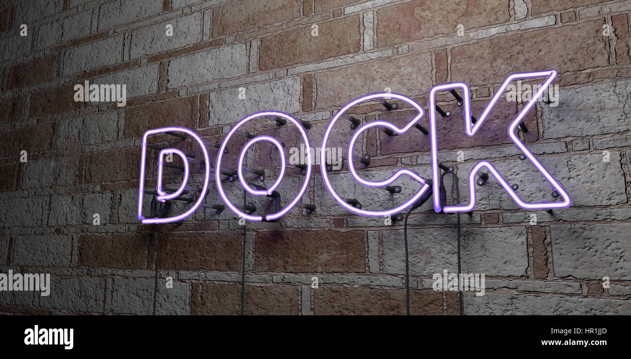 DOCK - Glowing Neon Sign on stonework wall - 3D rendered royalty free ...