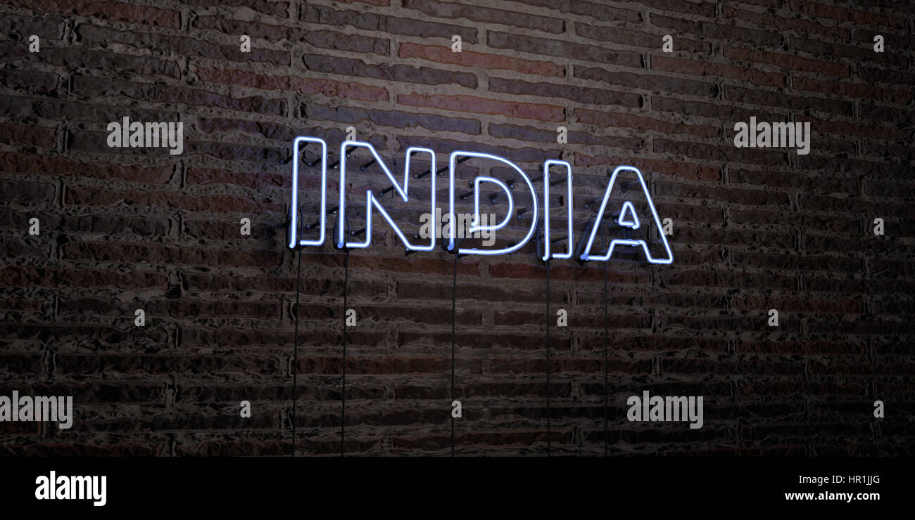 INDIA -Realistic Neon Sign on Brick Wall background - 3D rendered ...