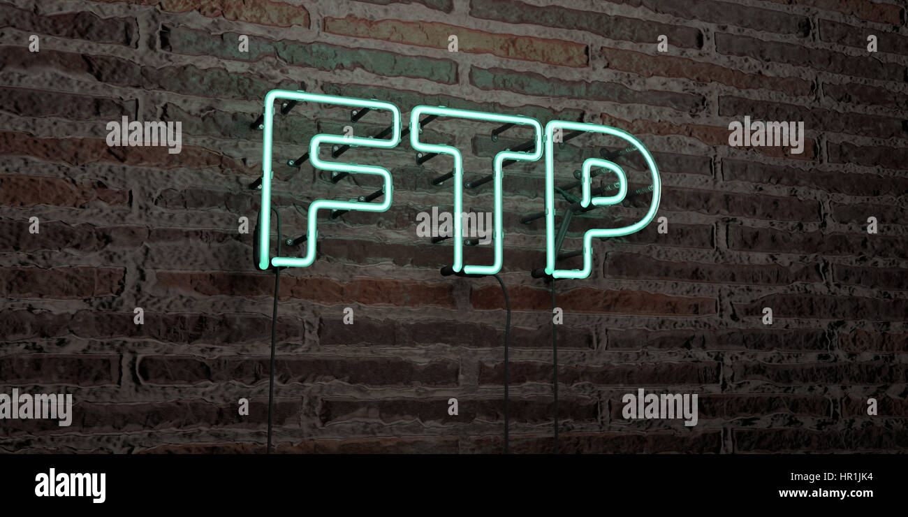 FTP -Realistic Neon Sign on Brick Wall background - 3D rendered royalty ...