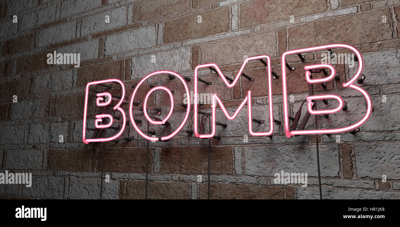 BOMB - Glowing Neon Sign on stonework wall - 3D rendered royalty free ...