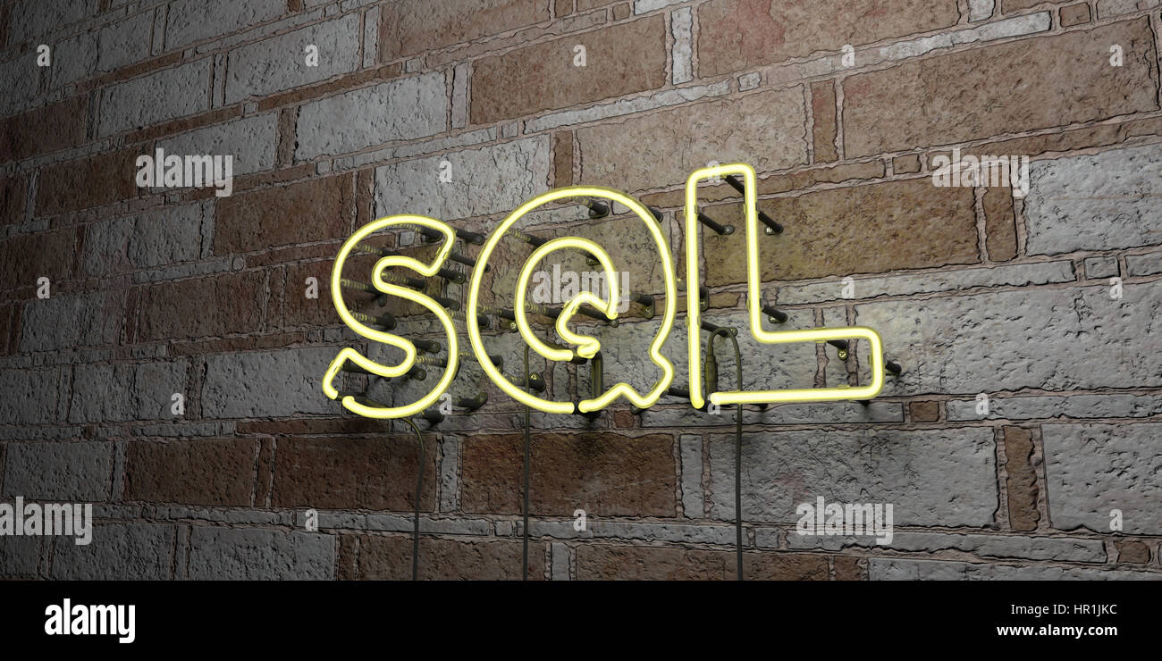 SQL - Glowing Neon Sign on stonework wall - 3D rendered royalty free ...