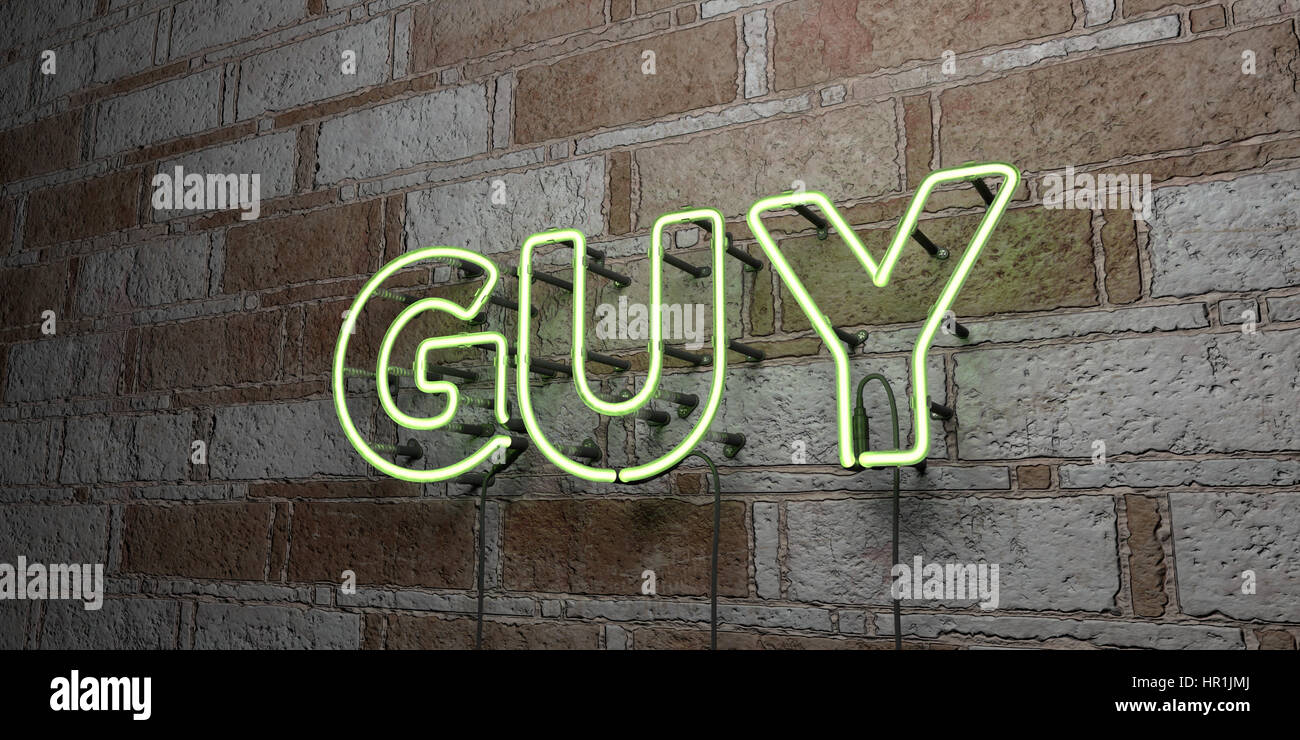 GUY - Glowing Neon Sign on stonework wall - 3D rendered royalty free ...