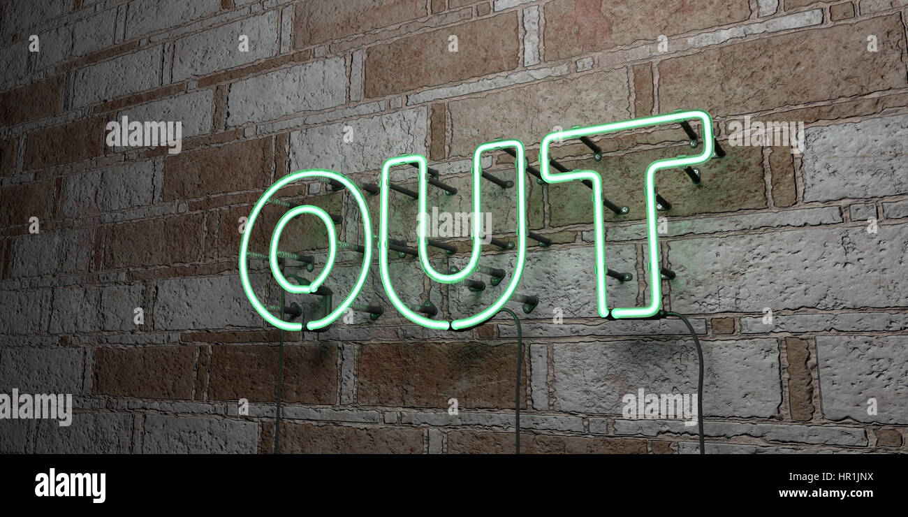 OUT - Glowing Neon Sign on stonework wall - 3D rendered royalty free ...