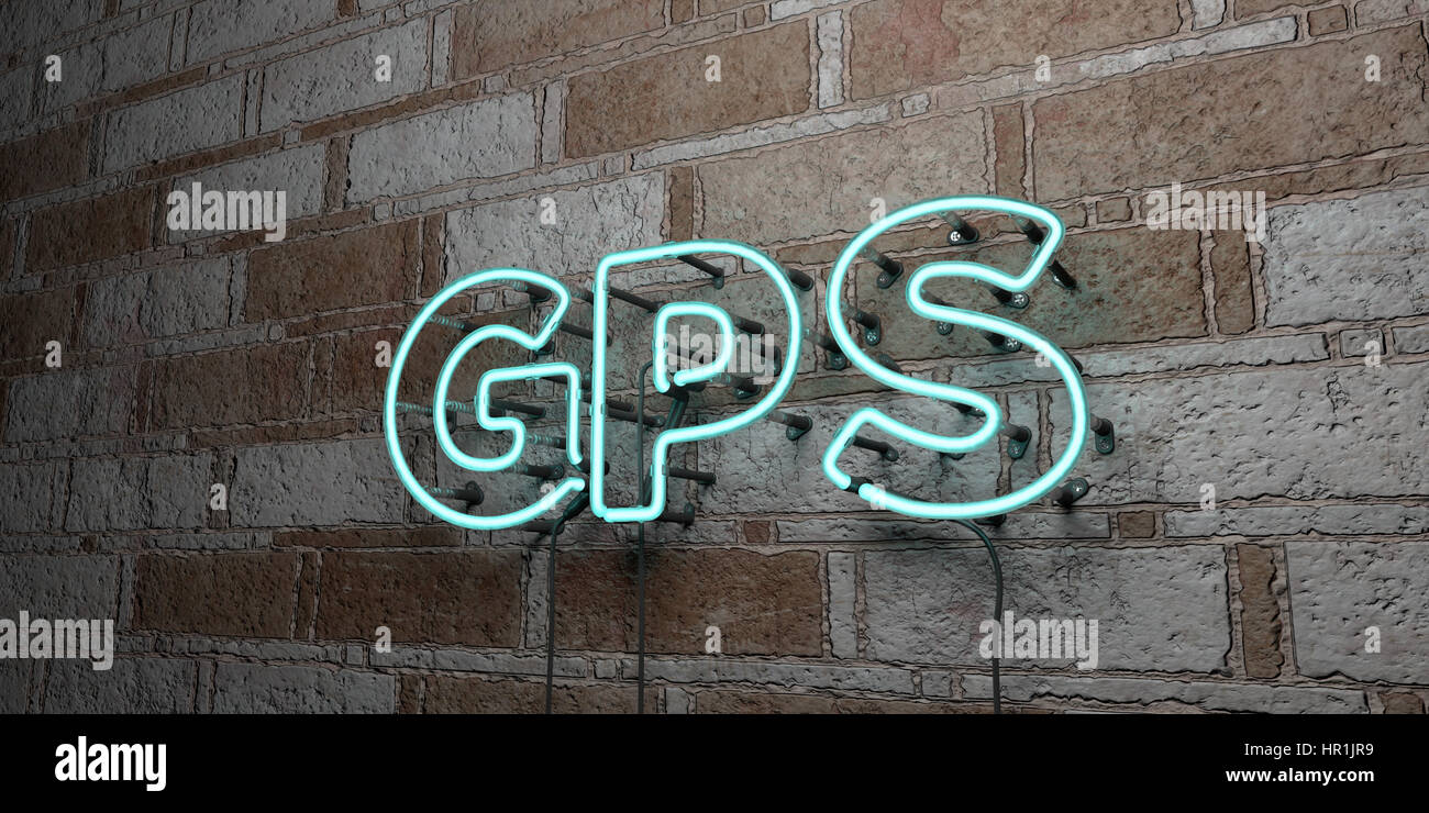GPS - Glowing Neon Sign on stonework wall - 3D rendered royalty free ...