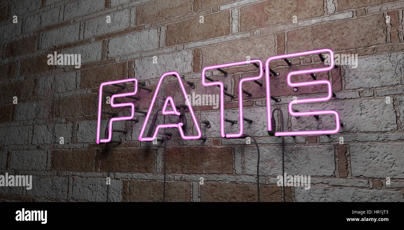 FATE - Glowing Neon Sign on stonework wall - 3D rendered royalty free ...
