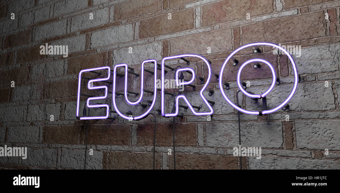 EURO - Glowing Neon Sign on stonework wall - 3D rendered royalty free ...