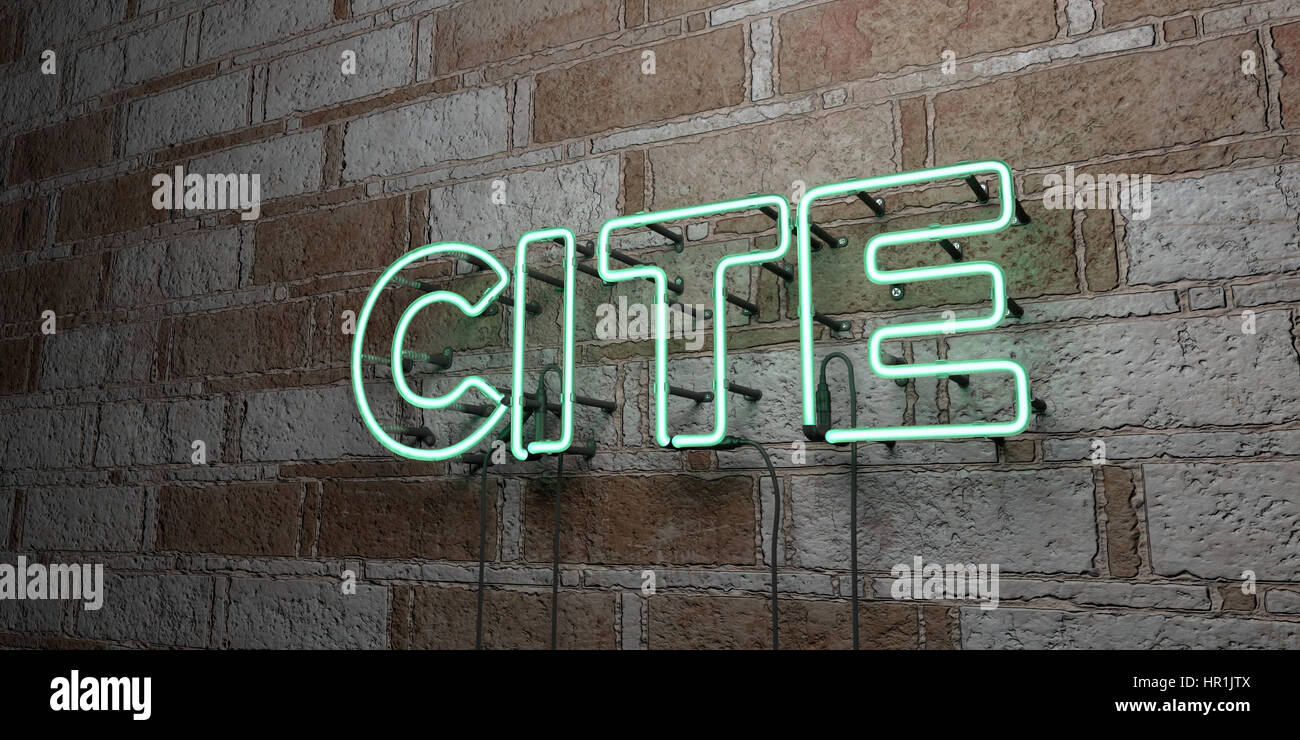 CITE - Glowing Neon Sign on stonework wall - 3D rendered royalty free ...