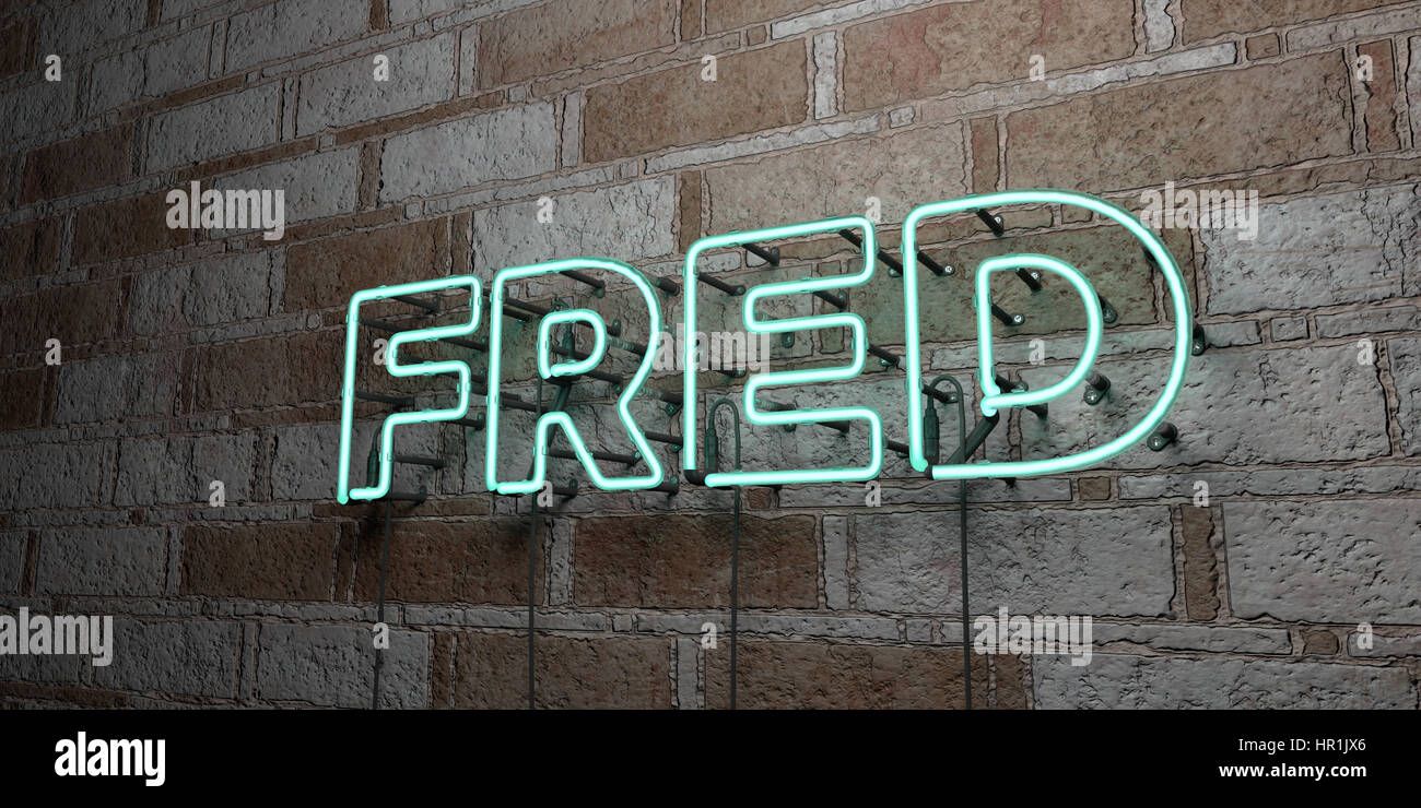 FRED - Glowing Neon Sign on stonework wall - 3D rendered royalty free ...