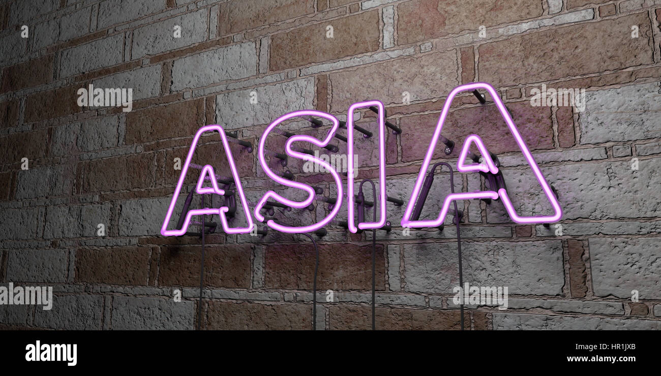 ASIA - Glowing Neon Sign on stonework wall - 3D rendered royalty free ...