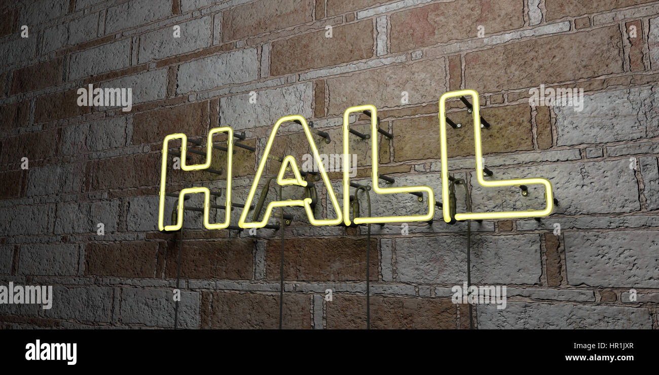 HALL - Glowing Neon Sign on stonework wall - 3D rendered royalty free ...