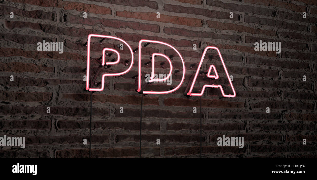PDA -Realistic Neon Sign on Brick Wall background - 3D rendered royalty ...