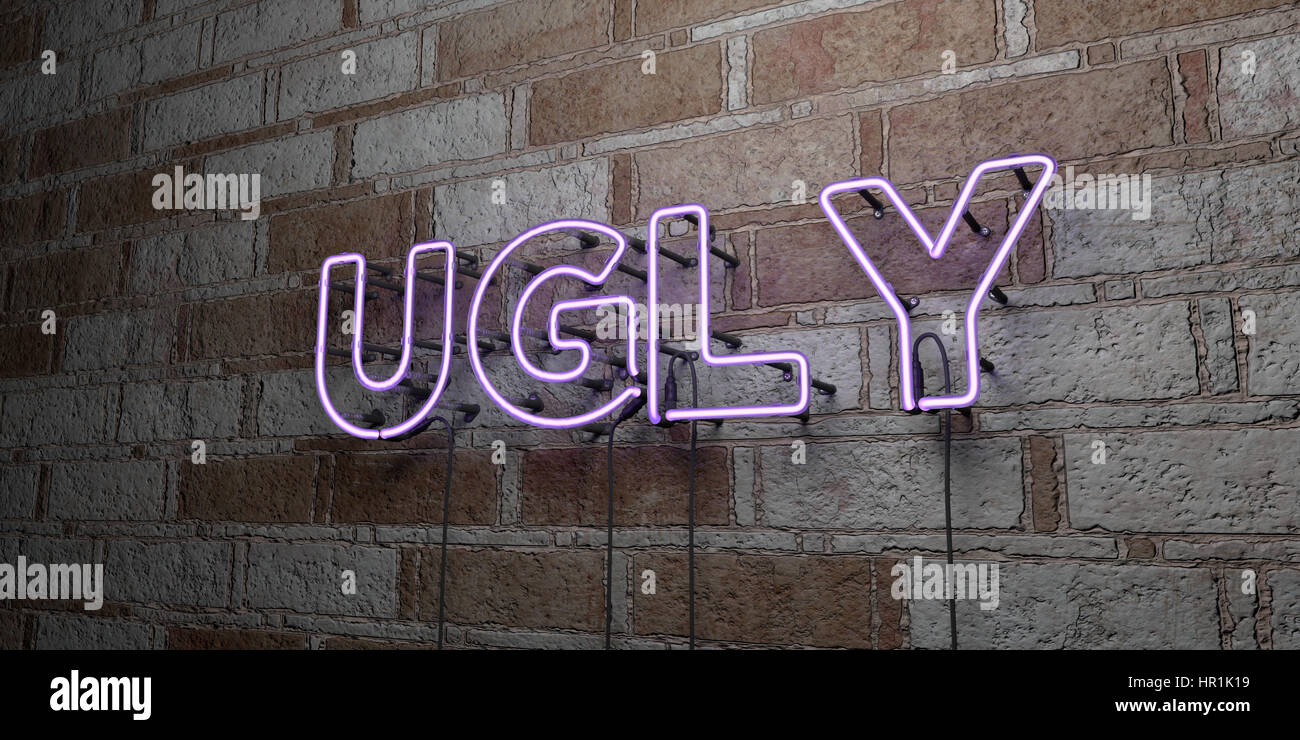 UGLY - Glowing Neon Sign on stonework wall - 3D rendered royalty free ...