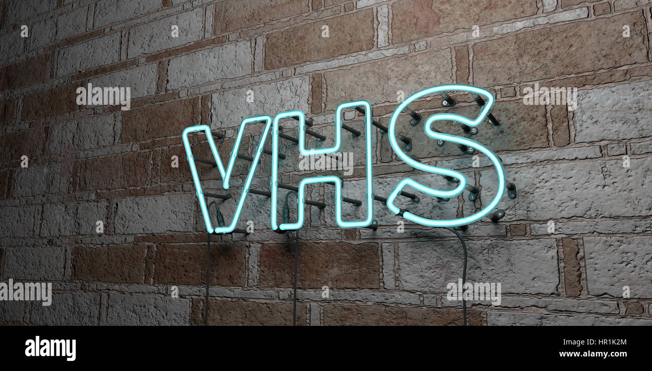 VHS - Glowing Neon Sign on stonework wall - 3D rendered royalty free ...