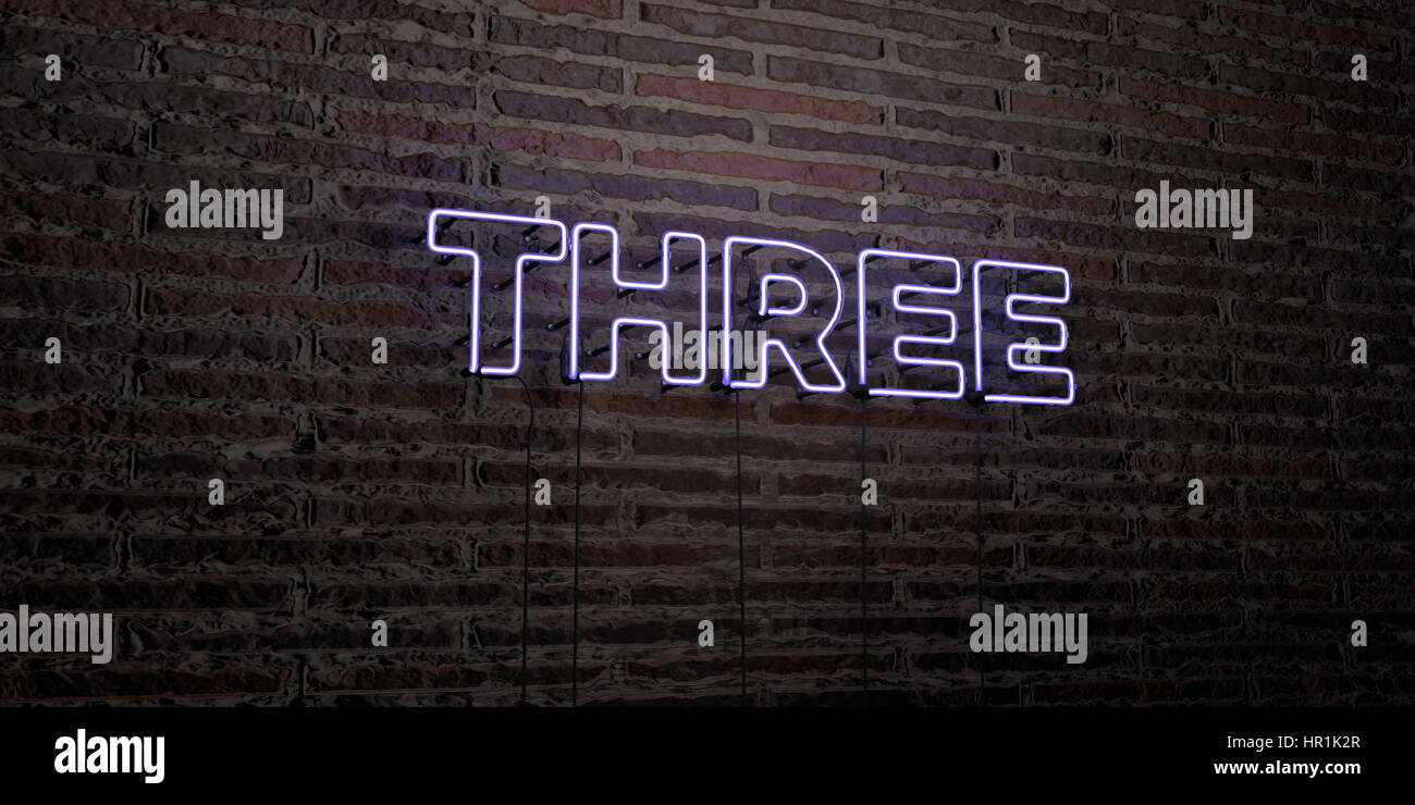 THREE -Realistic Neon Sign on Brick Wall background - 3D rendered ...