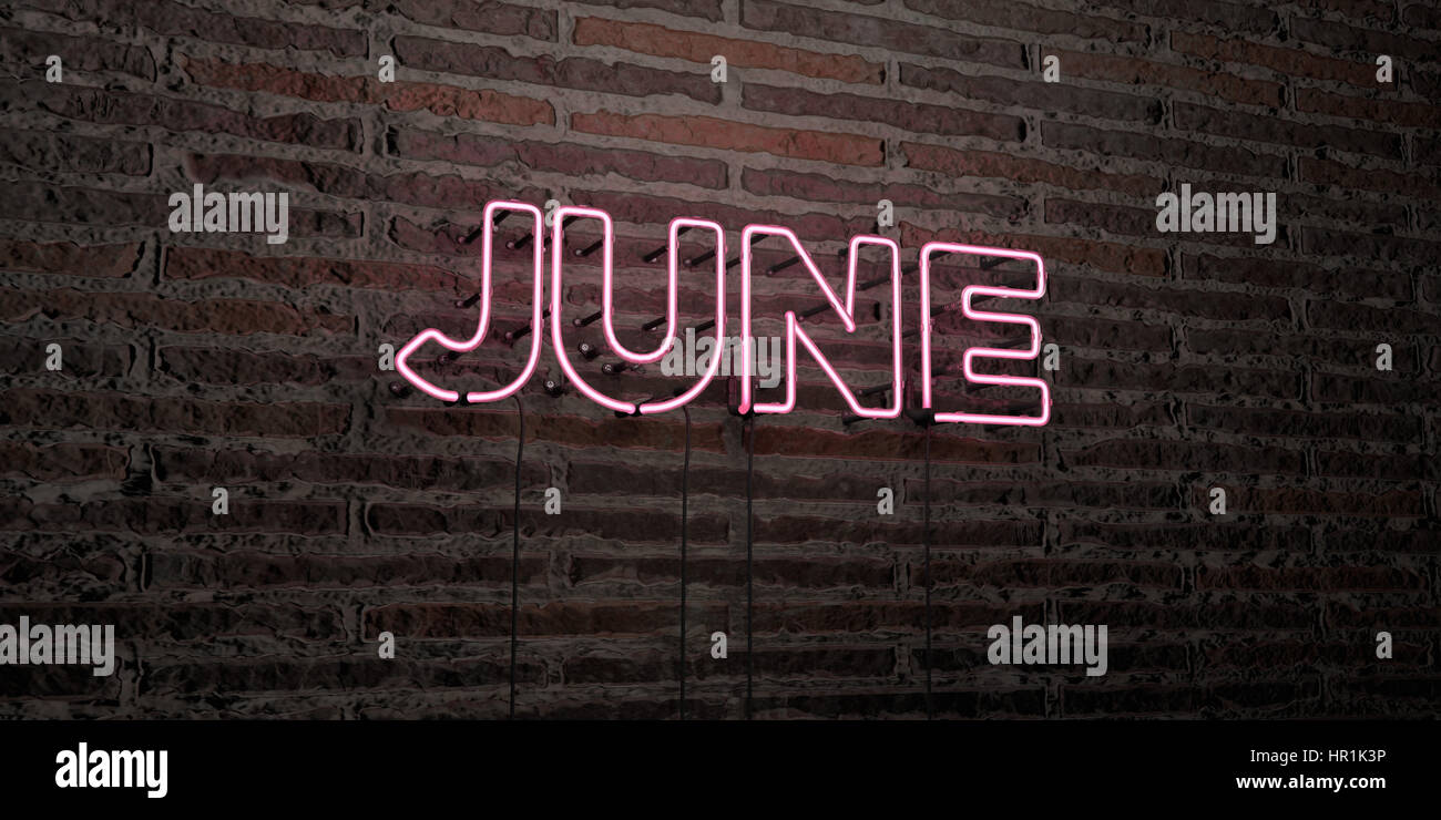 JUNE -Realistic Neon Sign on Brick Wall background - 3D rendered ...