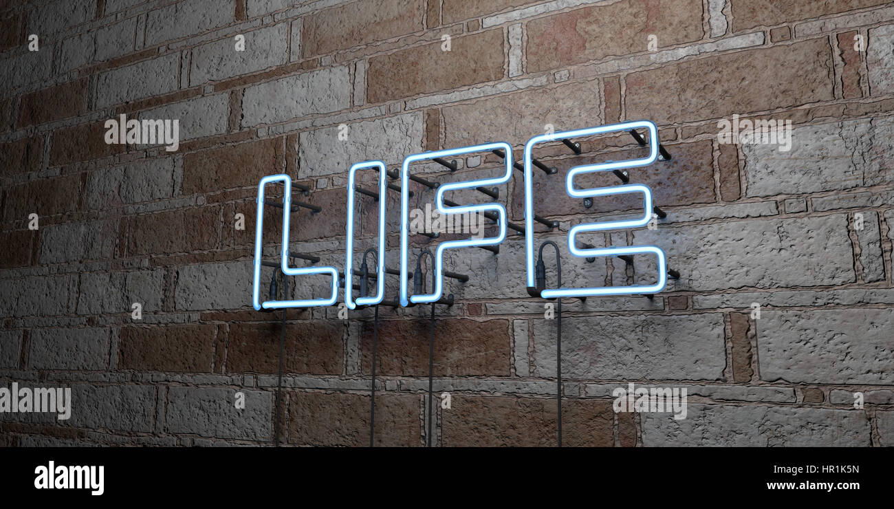 LIFE - Glowing Neon Sign on stonework wall - 3D rendered royalty free ...