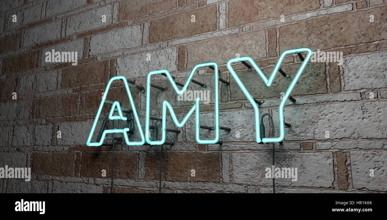 AMY - Glowing Neon Sign on stonework wall - 3D rendered royalty free ...