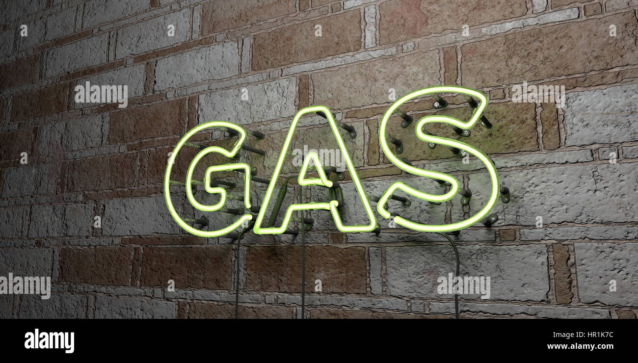 GAS - Glowing Neon Sign on stonework wall - 3D rendered royalty free ...