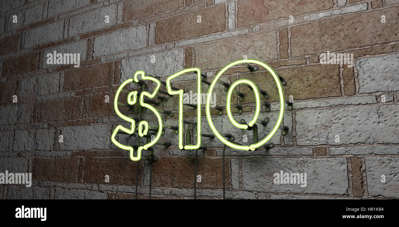 $10 - Glowing Neon Sign on stonework wall - 3D rendered royalty free ...
