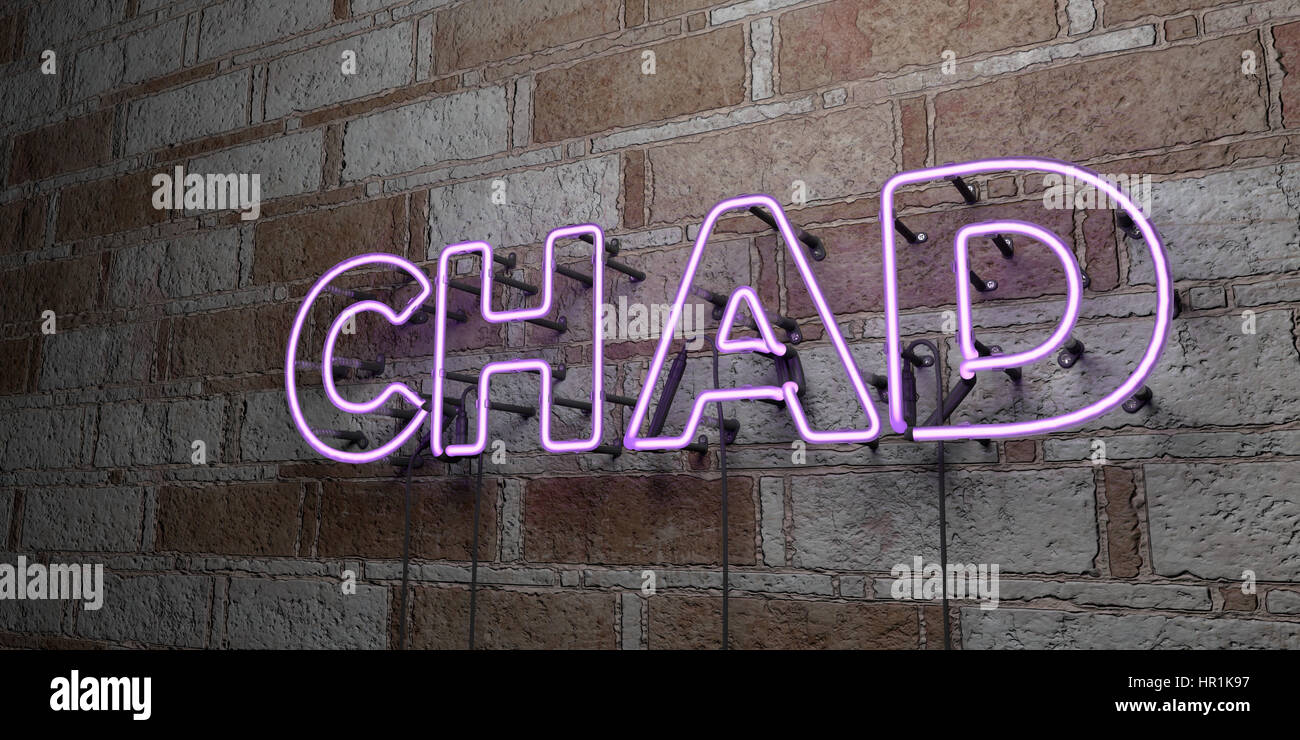CHAD - Glowing Neon Sign on stonework wall - 3D rendered royalty free ...