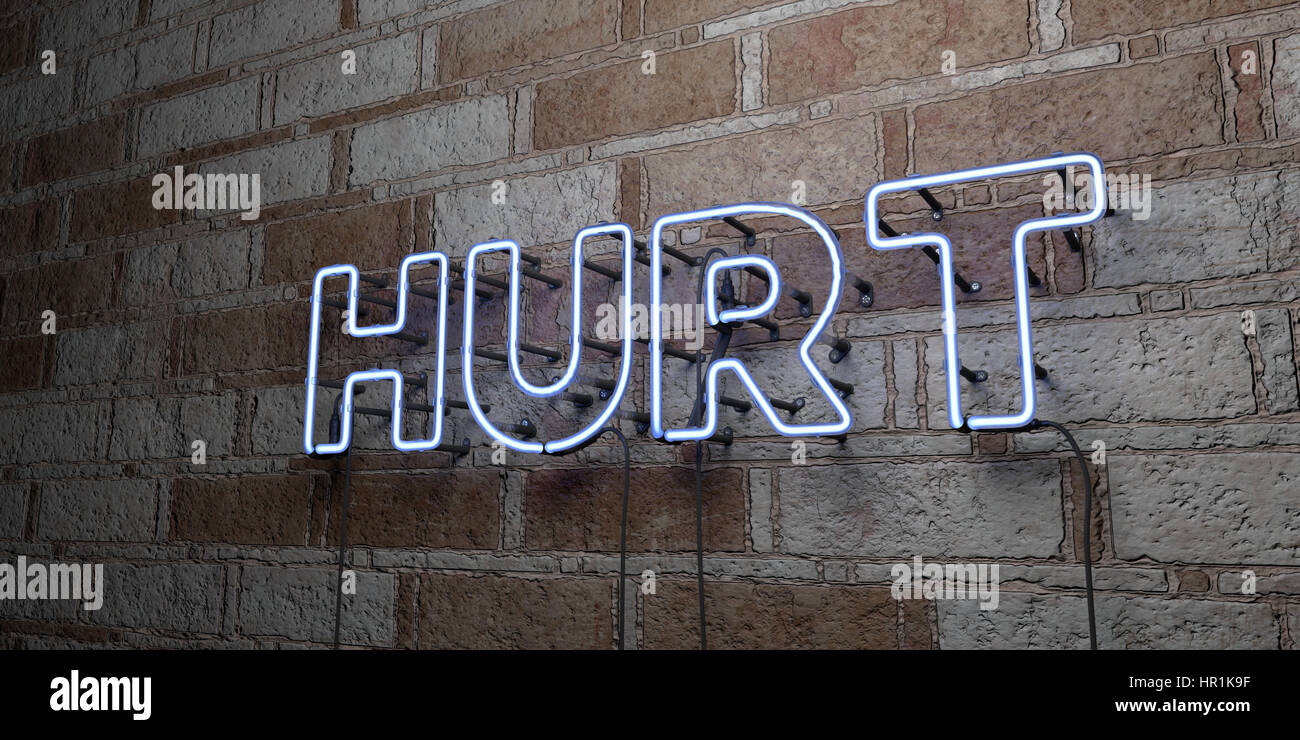 HURT - Glowing Neon Sign on stonework wall - 3D rendered royalty free ...