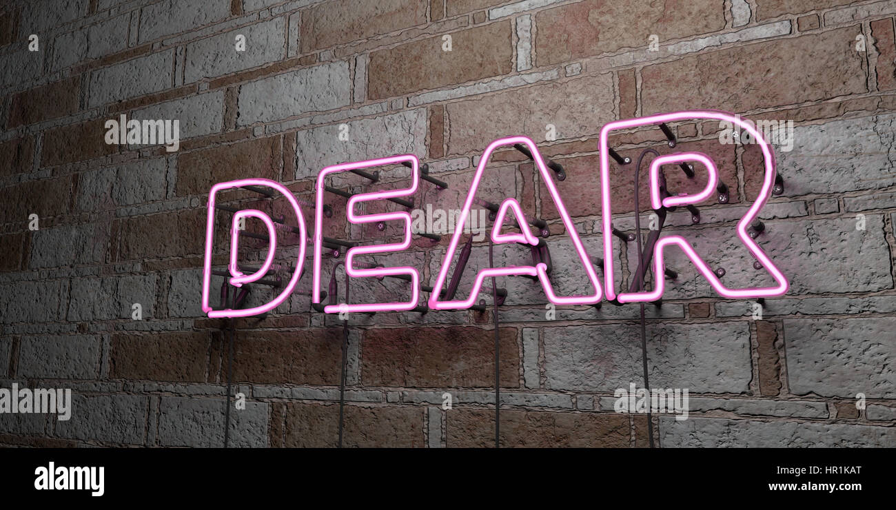 DEAR - Glowing Neon Sign on stonework wall - 3D rendered royalty free ...