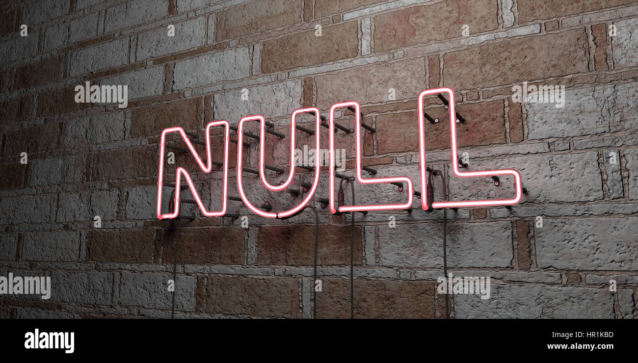 NULL - Glowing Neon Sign on stonework wall - 3D rendered royalty free ...