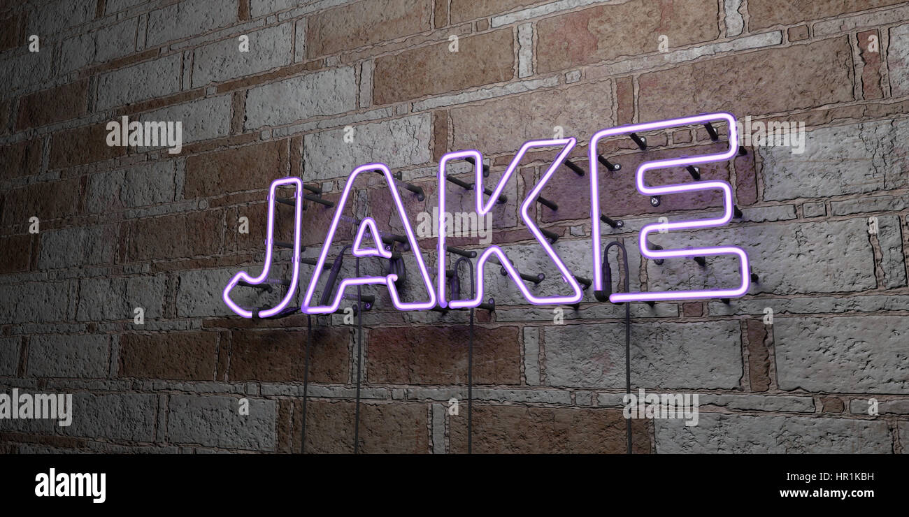JAKE - Glowing Neon Sign on stonework wall - 3D rendered royalty free ...