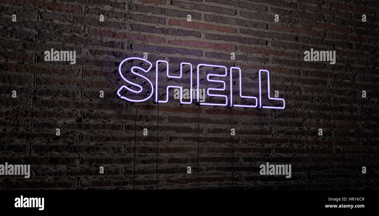 SHELL -Realistic Neon Sign on Brick Wall background - 3D rendered ...