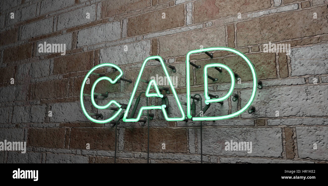 CAD - Glowing Neon Sign on stonework wall - 3D rendered royalty free ...