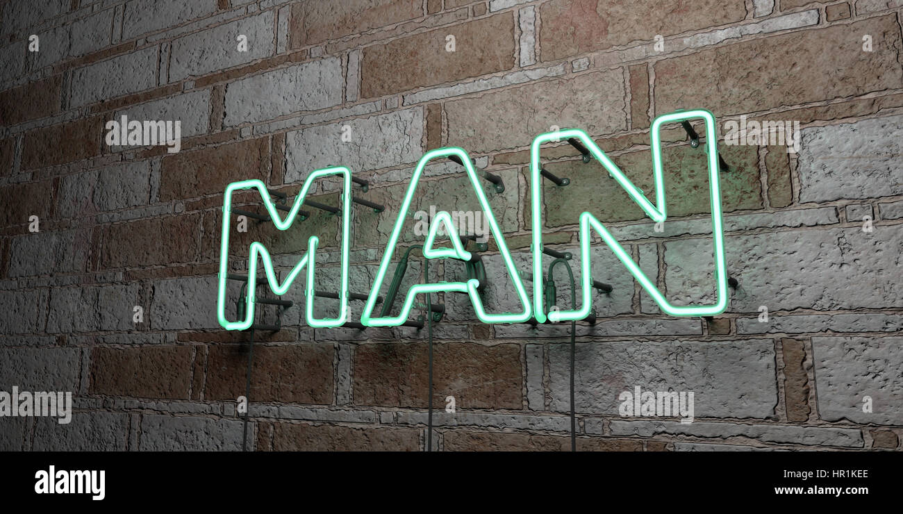 MAN - Glowing Neon Sign on stonework wall - 3D rendered royalty free ...