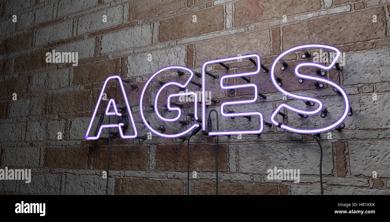 AGES - Glowing Neon Sign on stonework wall - 3D rendered royalty free ...