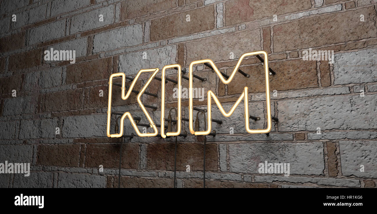 KIM - Glowing Neon Sign on stonework wall - 3D rendered royalty free ...