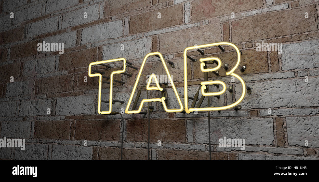 TAB - Glowing Neon Sign on stonework wall - 3D rendered royalty free ...