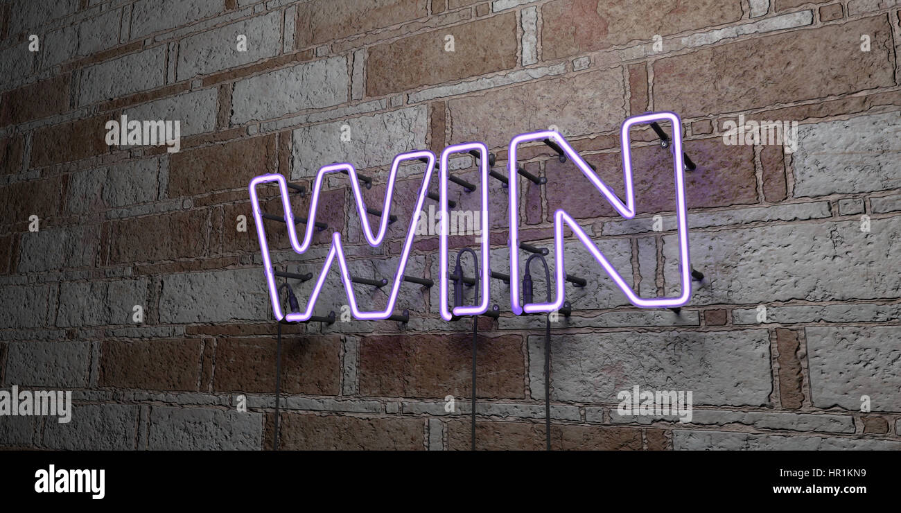 WIN - Glowing Neon Sign on stonework wall - 3D rendered royalty free ...