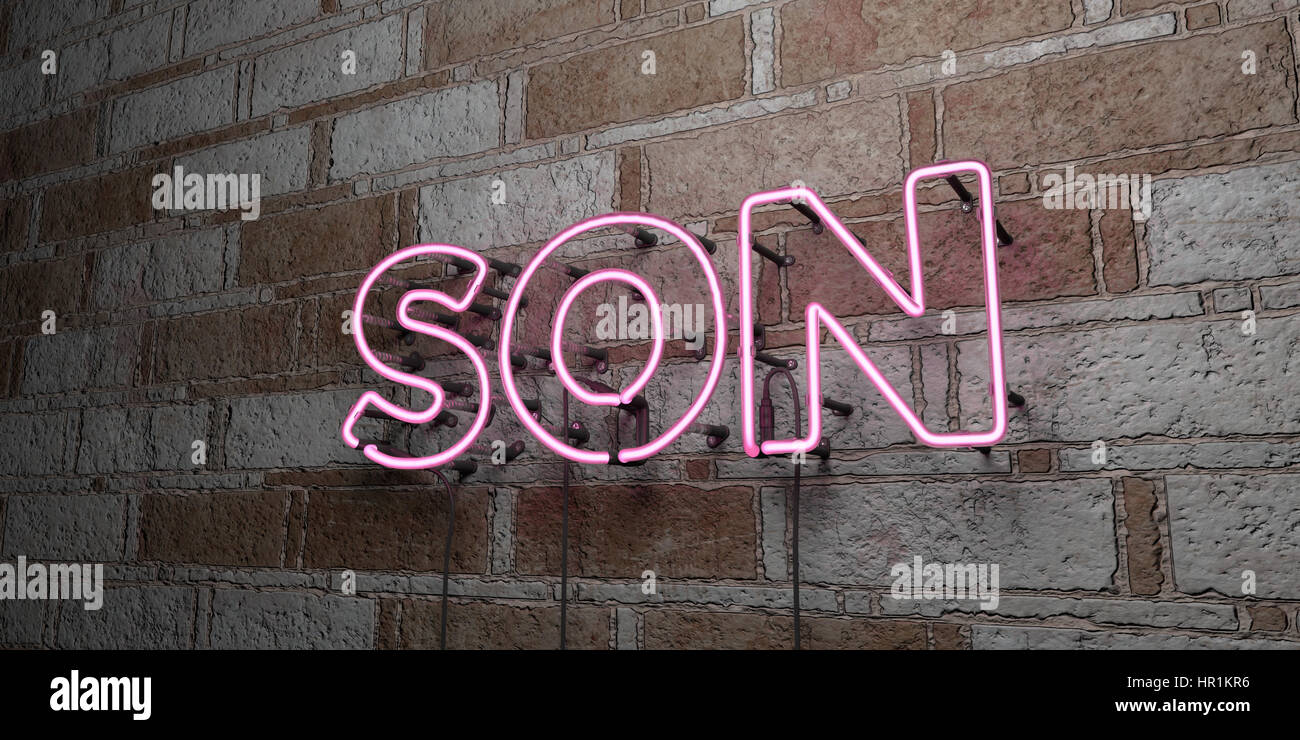 SON - Glowing Neon Sign on stonework wall - 3D rendered royalty free ...