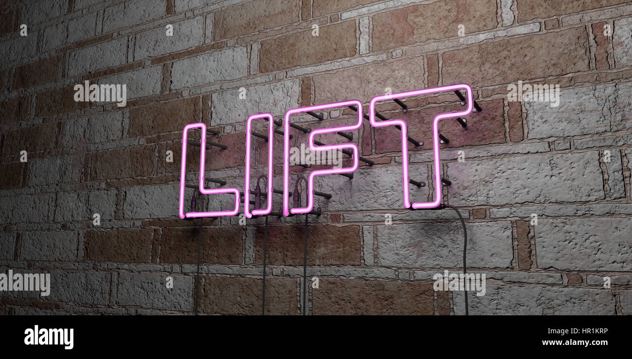 LIFT - Glowing Neon Sign on stonework wall - 3D rendered royalty free ...
