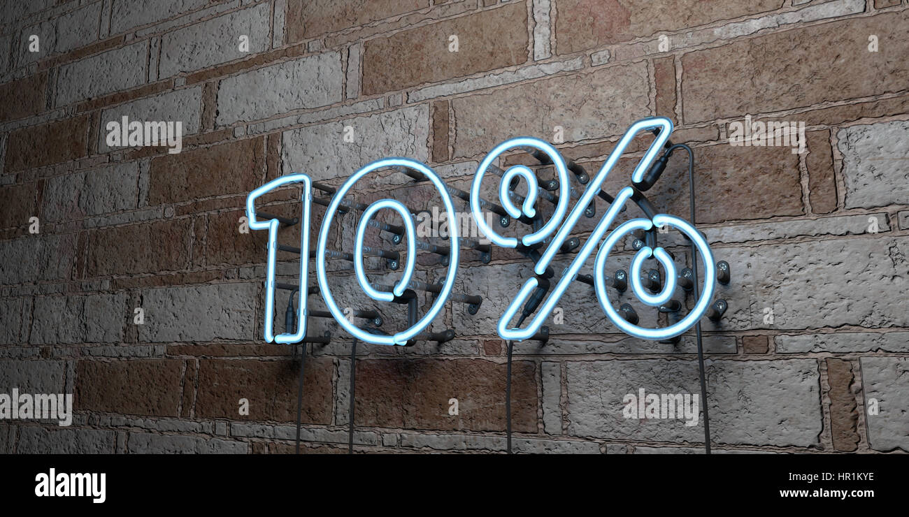 10% - Glowing Neon Sign on stonework wall - 3D rendered royalty free ...