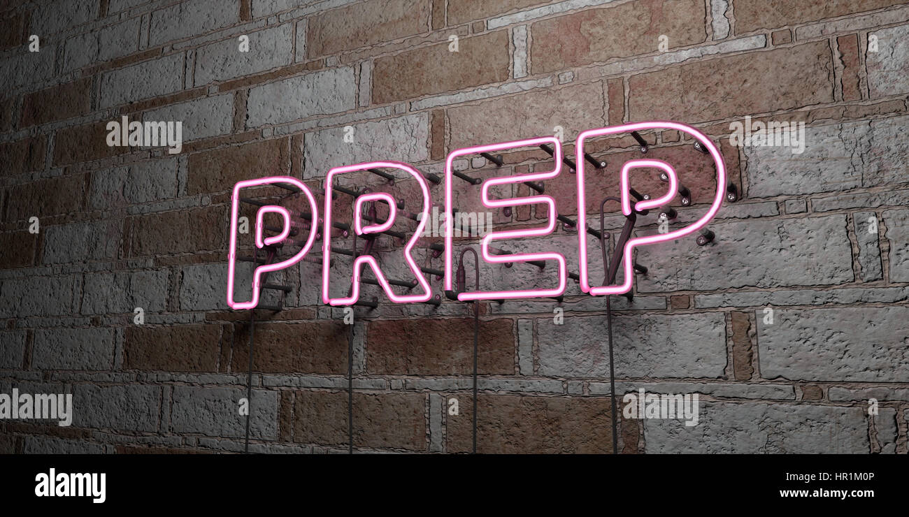PREP - Glowing Neon Sign on stonework wall - 3D rendered royalty free ...